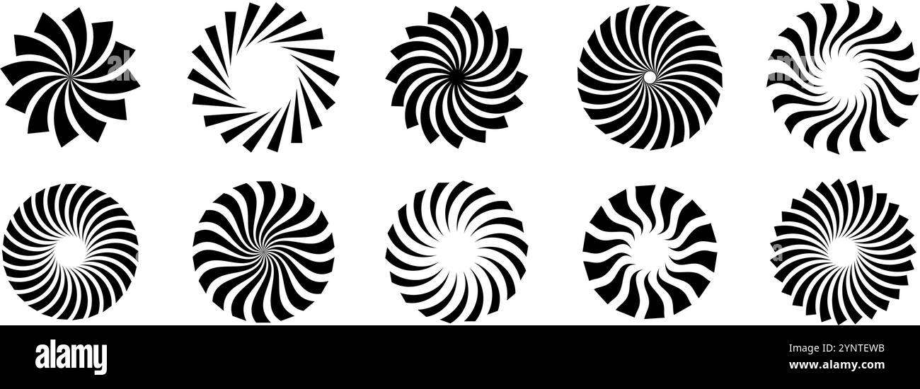 Set of black circle rotating rays and beams. Radial sunburst elements ...