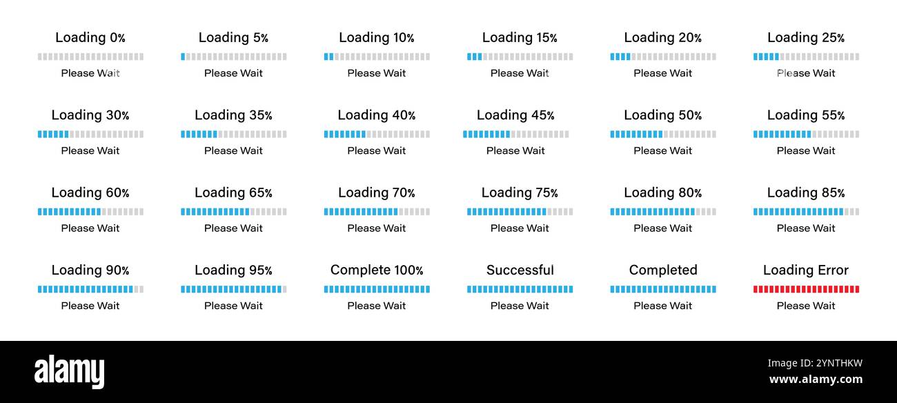 Percentage loading bar infographics set progressing from 0 to 100 ...