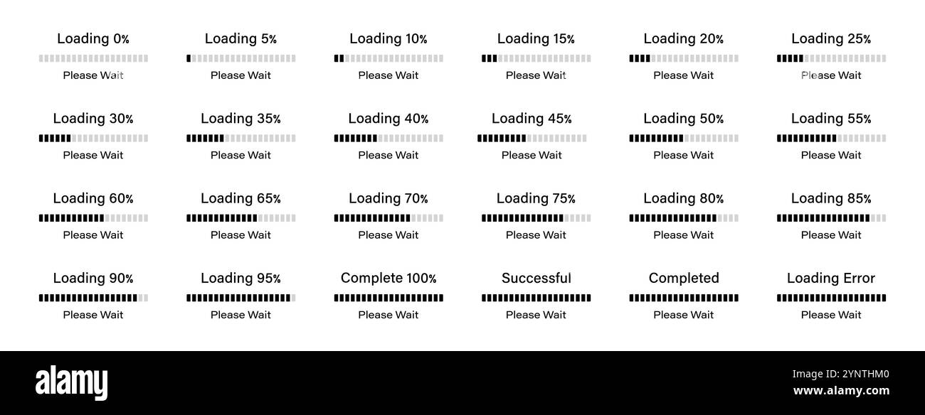 Percentage loading bar infographics set progressing from 0-100 percent ...