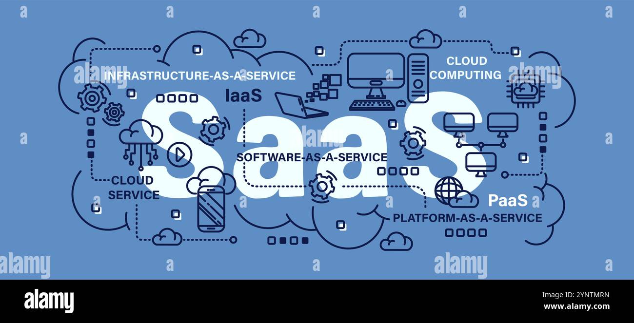 Software as a service or SaaS . Cloud computing concept . Word with line icon art banner style ...