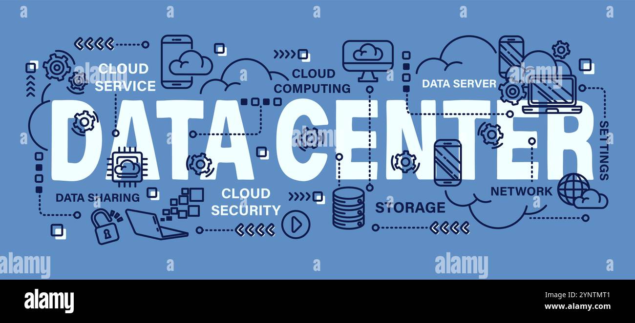 Data center. Cloud computing concept . Word with line icon art banner ...