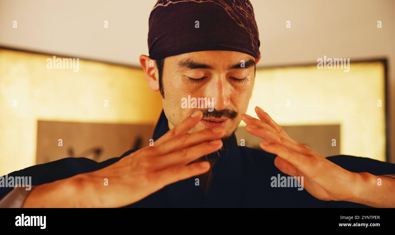 Aikido, face and meditation with man in dojo to practice martial arts ...