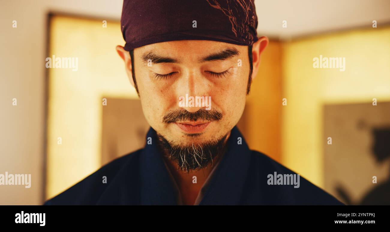 Thinking, meditation and Japanese man in dojo for routine, bushido ...