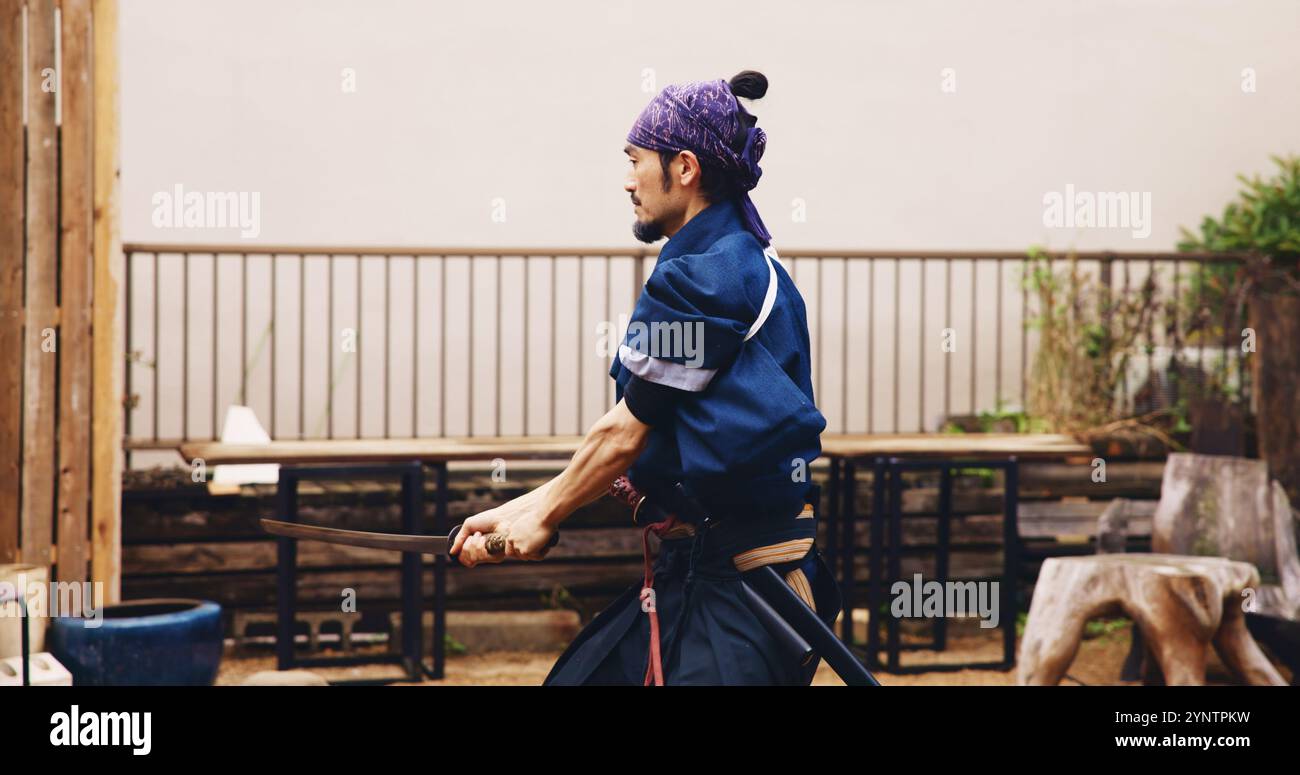 Culture, dojo and sword with Samurai man in Japan for combat, martial ...