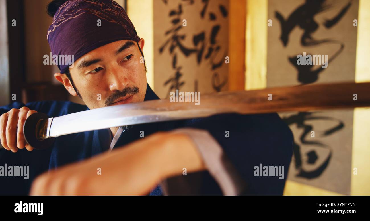 Concentration, Kenjutsu and sword with Samurai man in Japan for combat ...