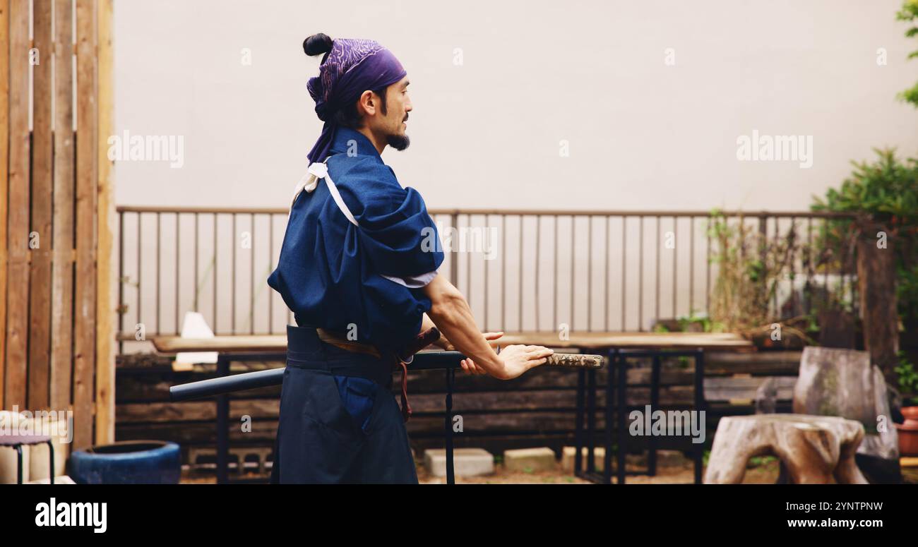 Dojo, Kenjutsu and sword with Samurai man in Japan for combat, martial ...