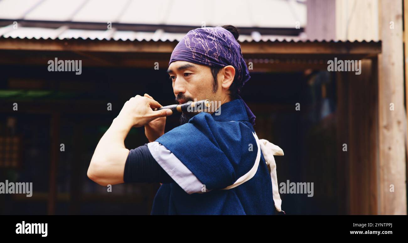 Japanese man, flute and music for history, artist performance and zen ...
