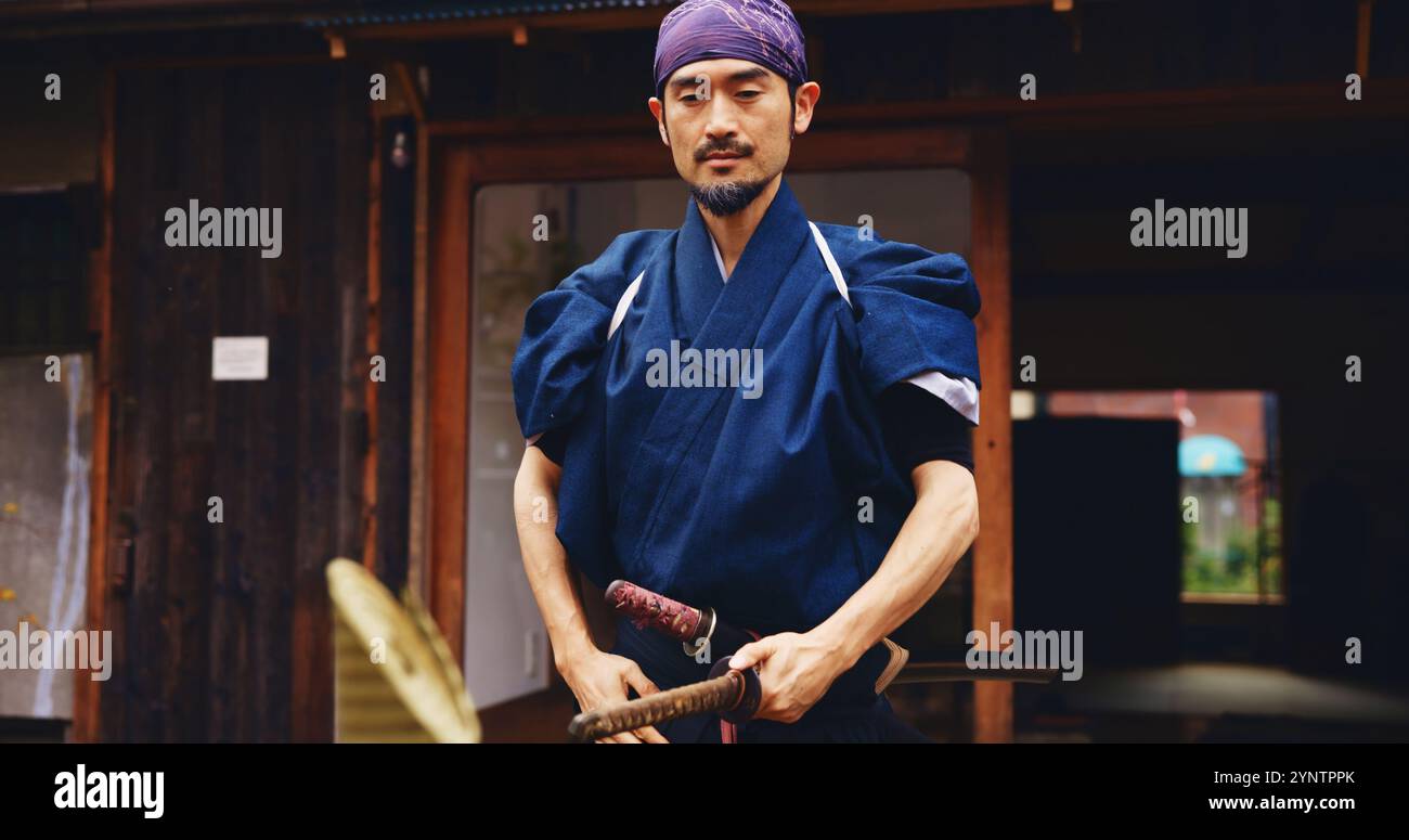 Japanese samurai, man and sword for martial arts in kendogi for self ...