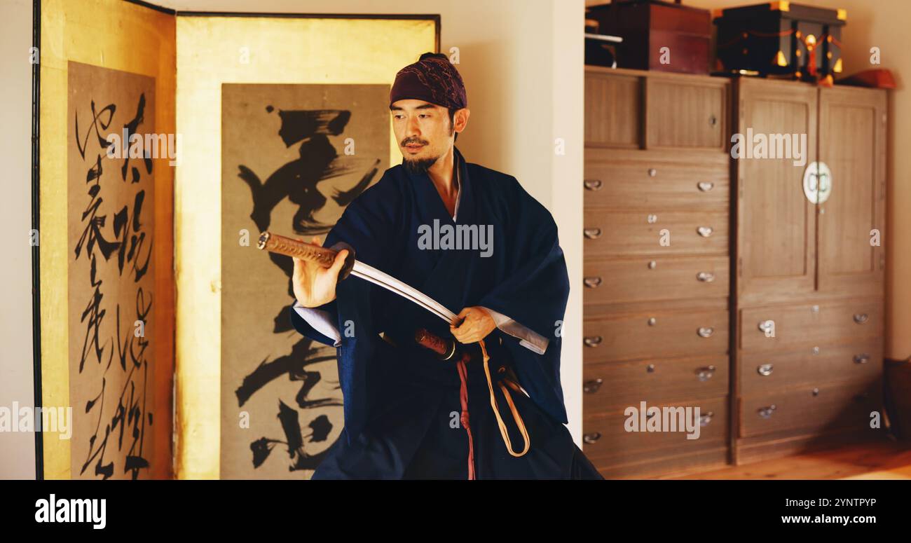 Kenjutsu, start and sword with Samurai man in Japan for combat, martial ...