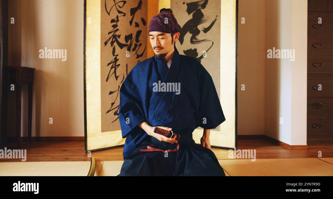 Dojo, ready and sword with Samurai man in Japan for combat, martial ...