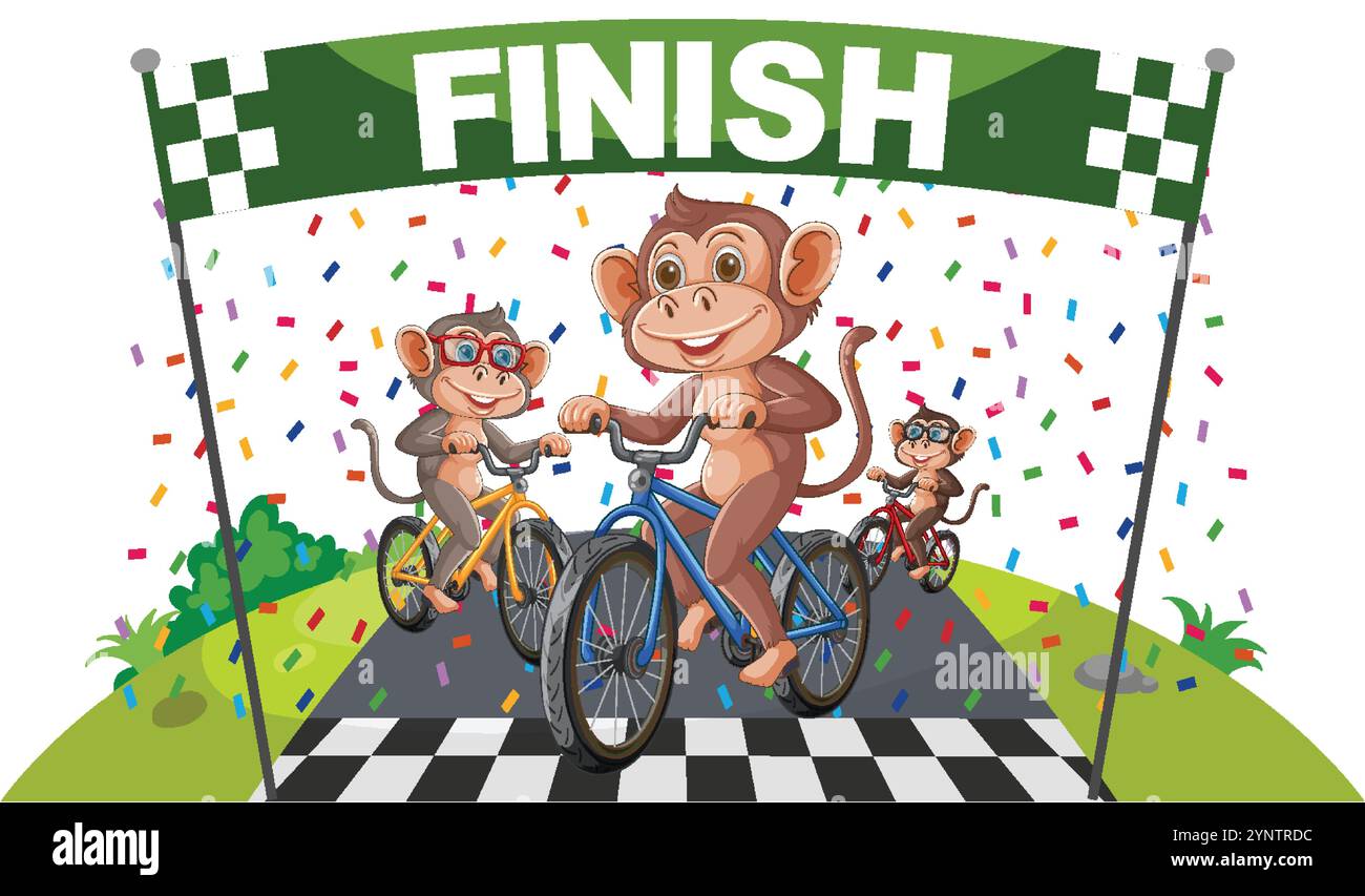 Monkeys racing bicycles under a finish banner Stock Vector Image & Art ...