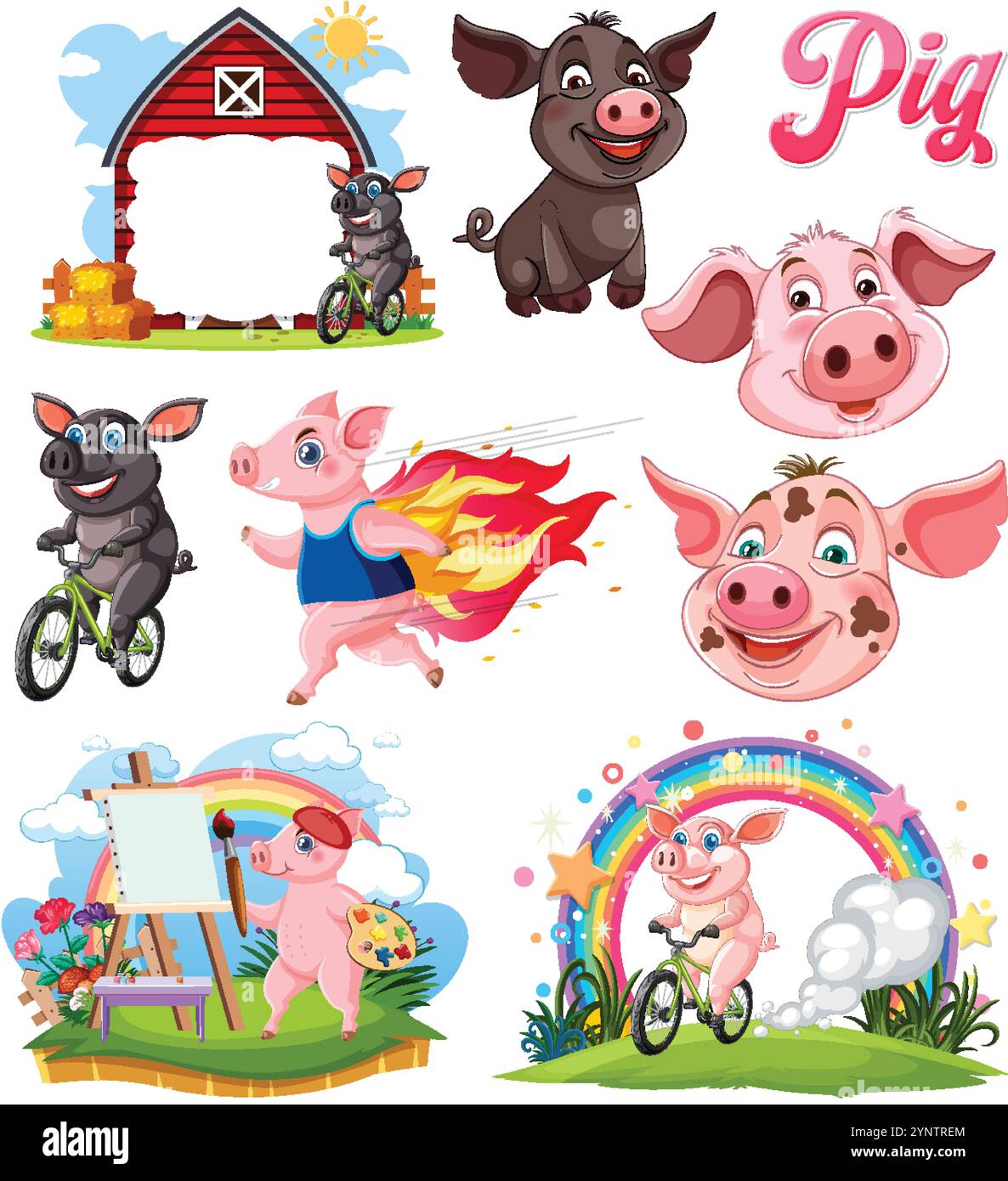 Illustrated pigs engaging in fun, creative activities Stock Vector ...