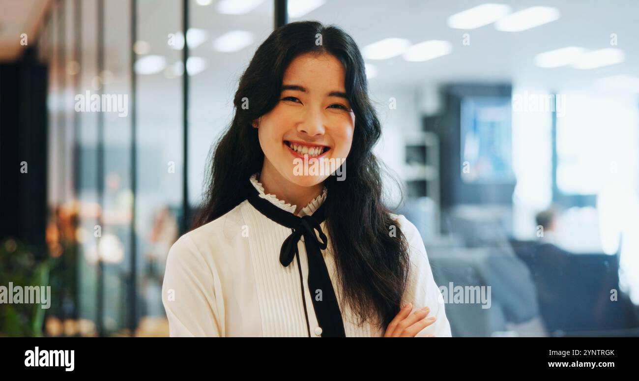 Japanese, business woman and portrait in office with pride, smile and ...