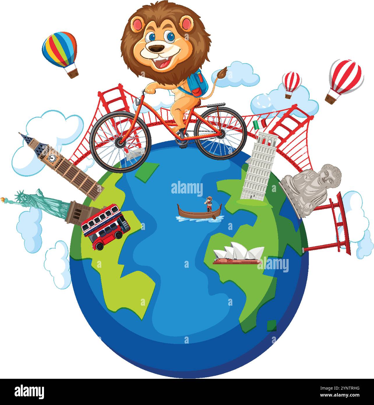 Lion rides a bike across famous global landmarks Stock Vector Image ...