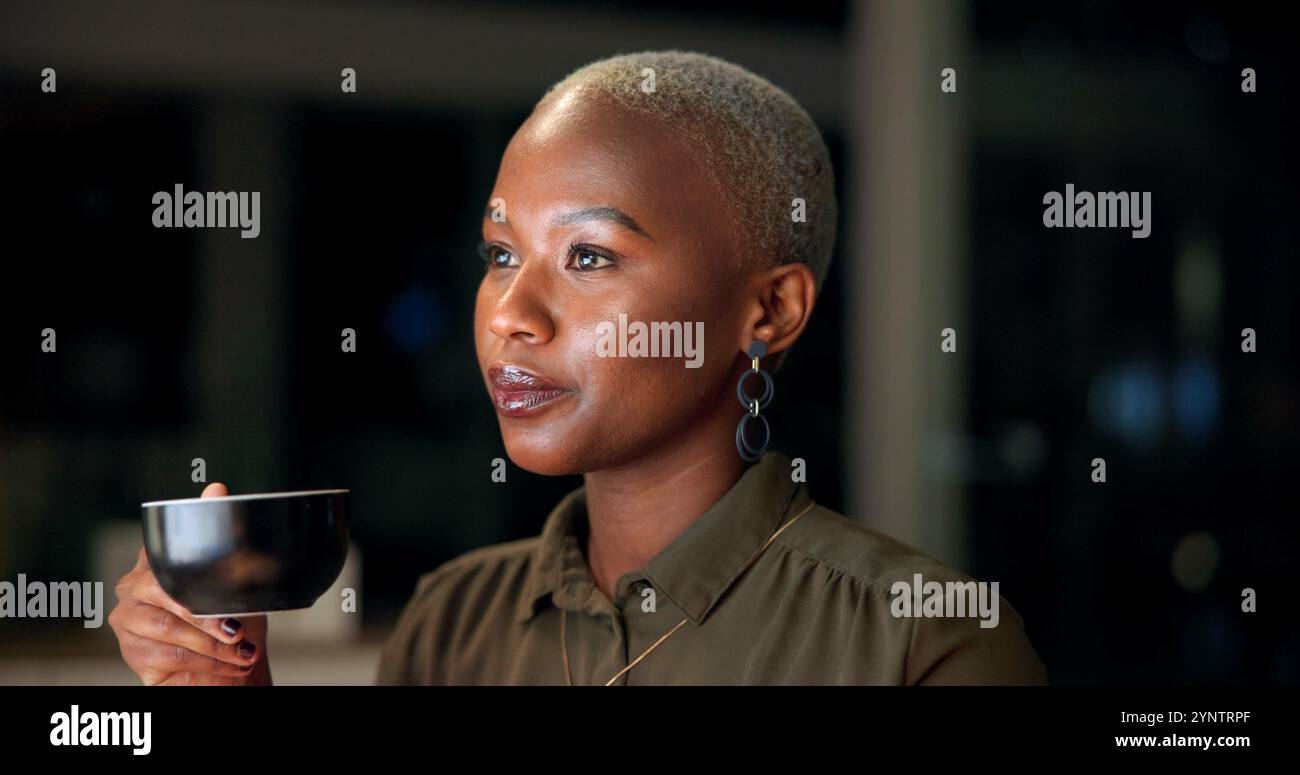 Night, business woman and idea with coffee, planning and brainstorming ...