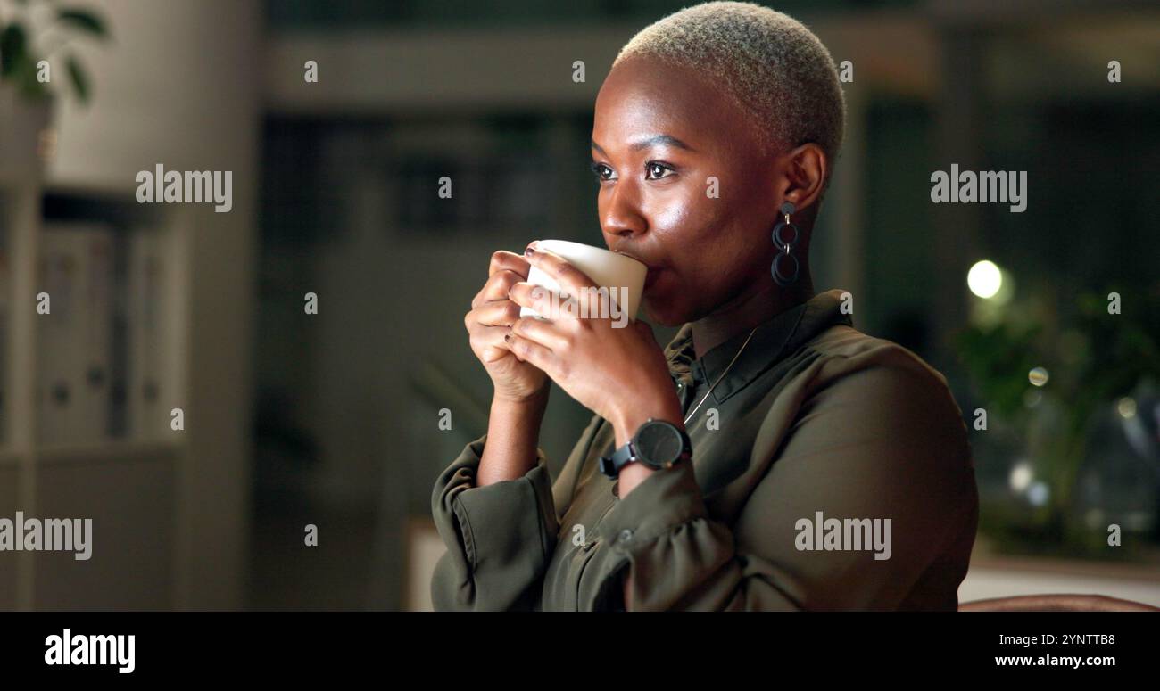 Night, business woman and thinking with coffee, planning and ...