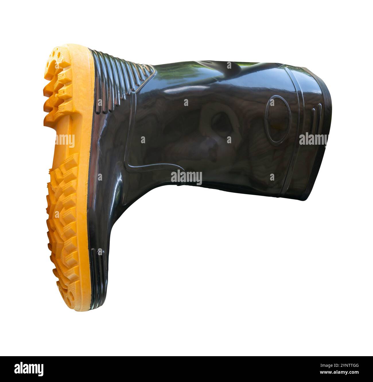 Side view of one side of black gumboot or black boot for working in ...