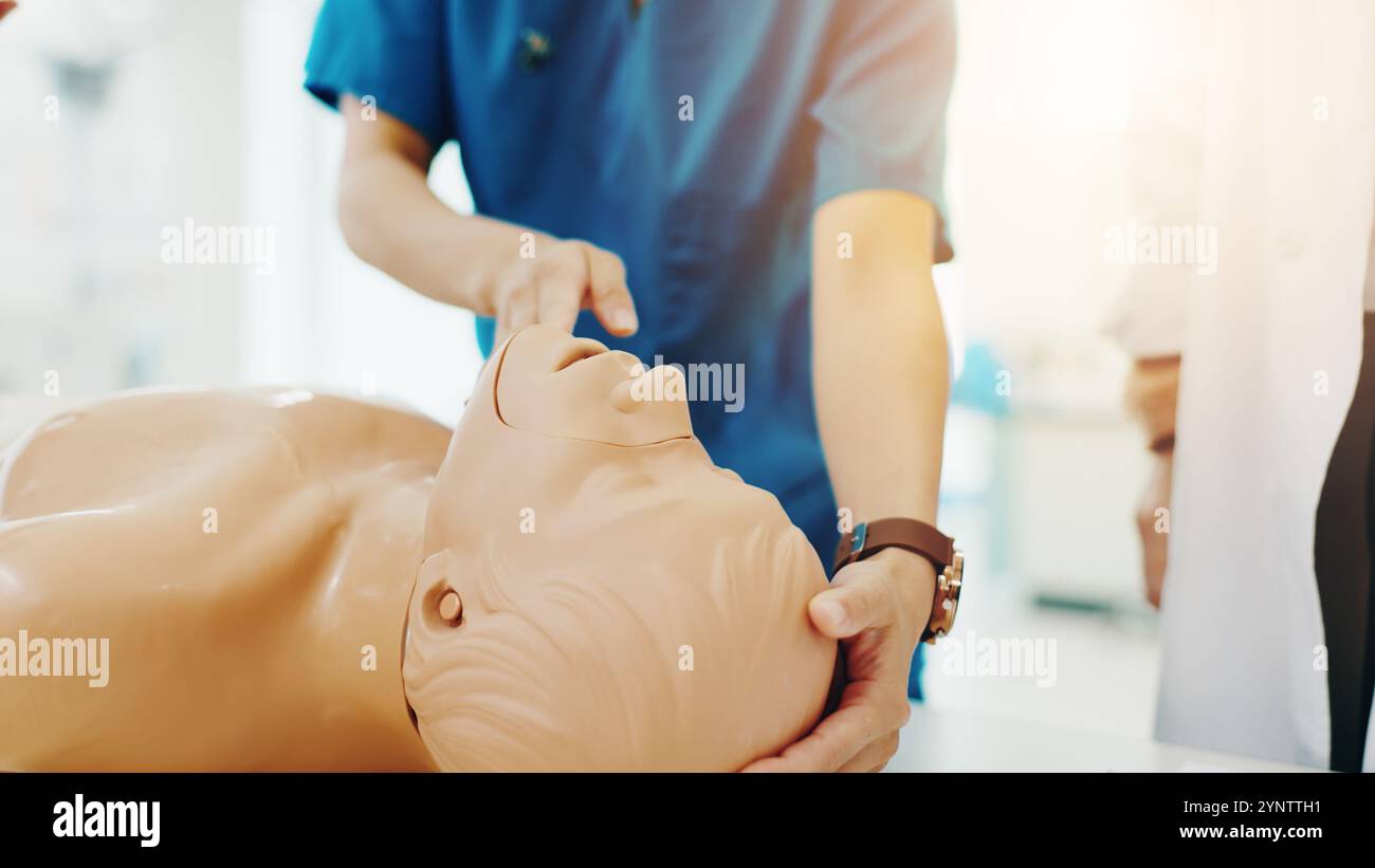 Hands, medical students and first aid for emergency, education and ...