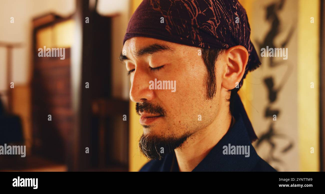 Thinking, meditation and Japanese man in dojo for spirituality, bushido ...