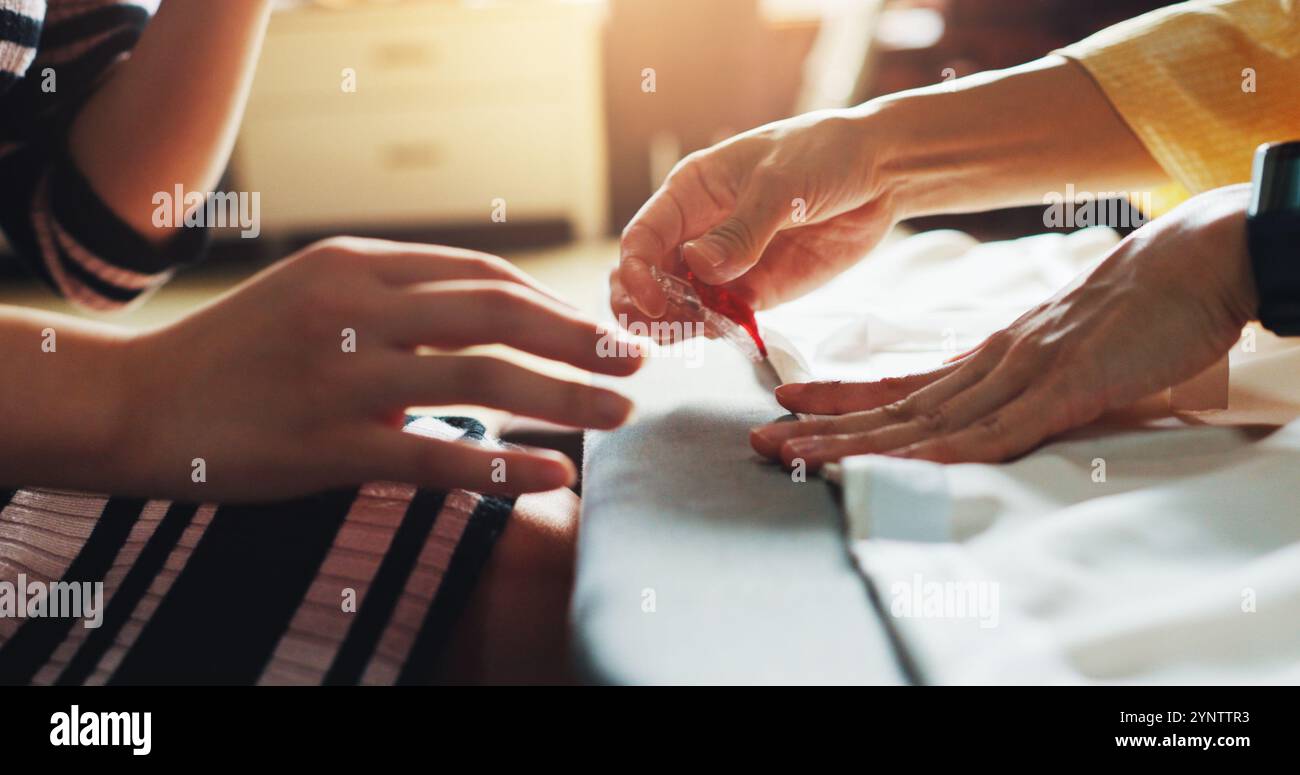 Fashion designer, tailor and hands of women in workshop for stitch ...