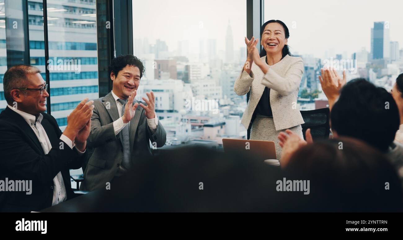 Celebration, applause and people in meeting, boardroom and clapping for ...