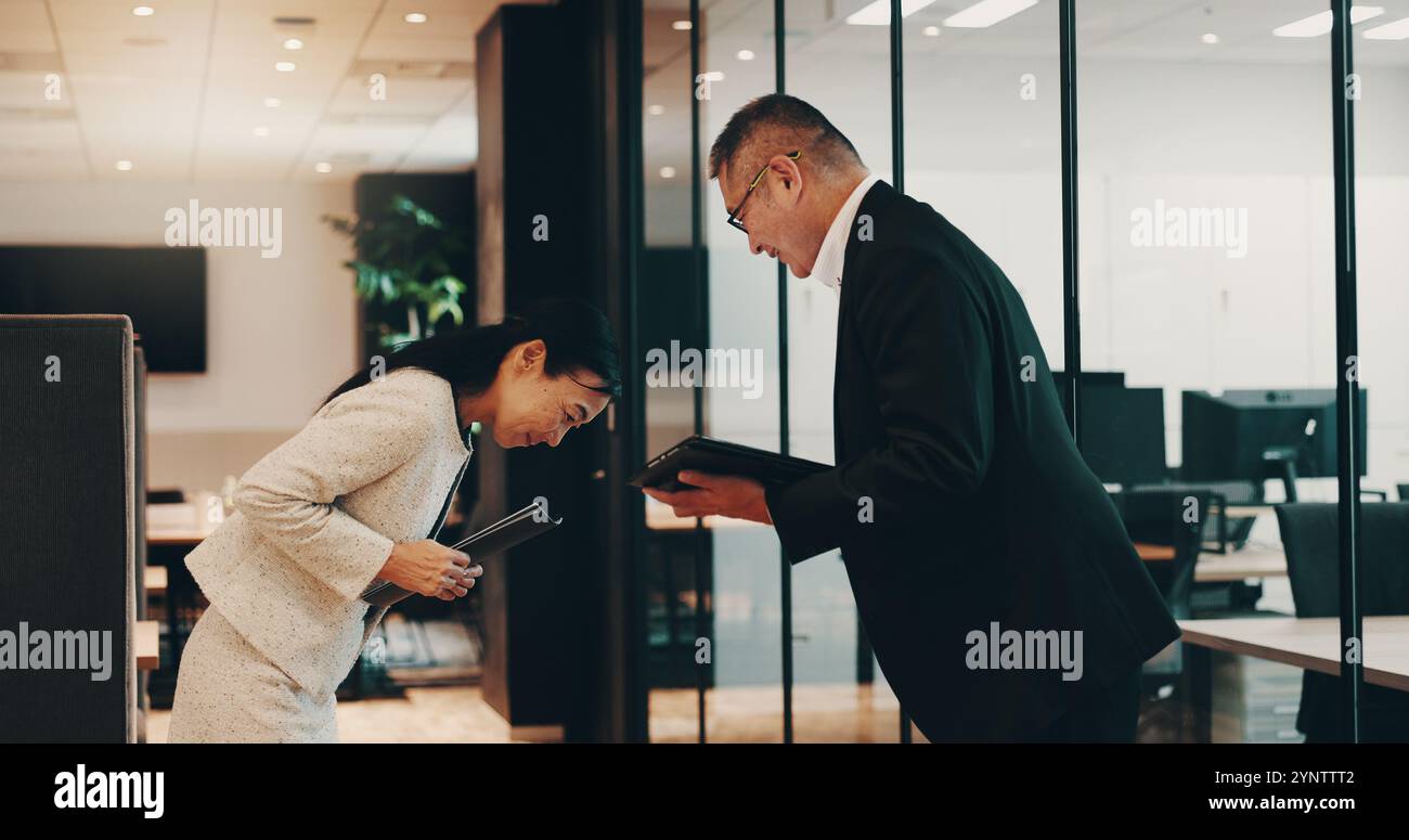 Office, business people and bow with greeting for Japanese culture ...