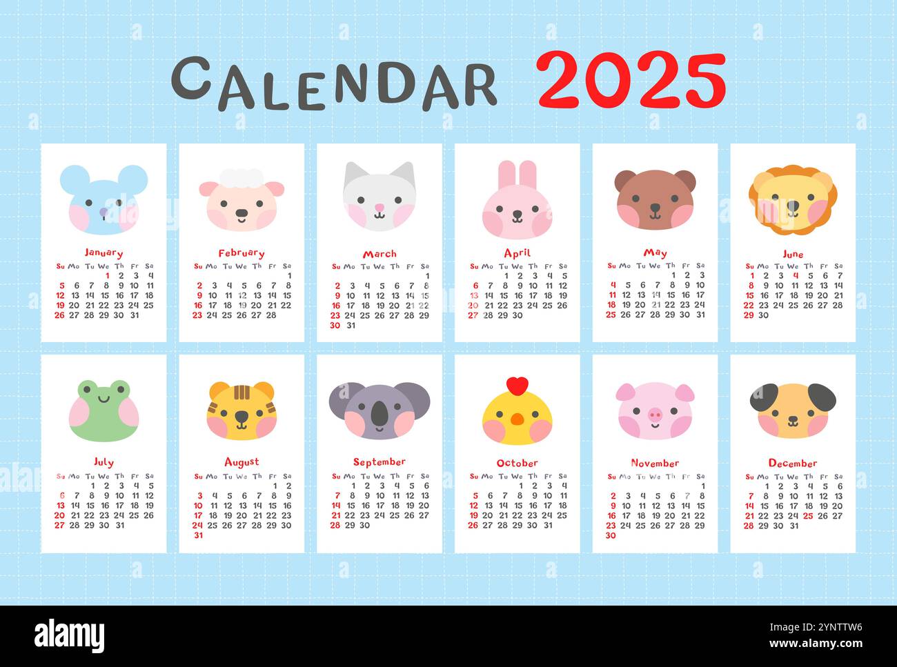 2025 cute animal calendar template. Monthly planner for kids Stock ...