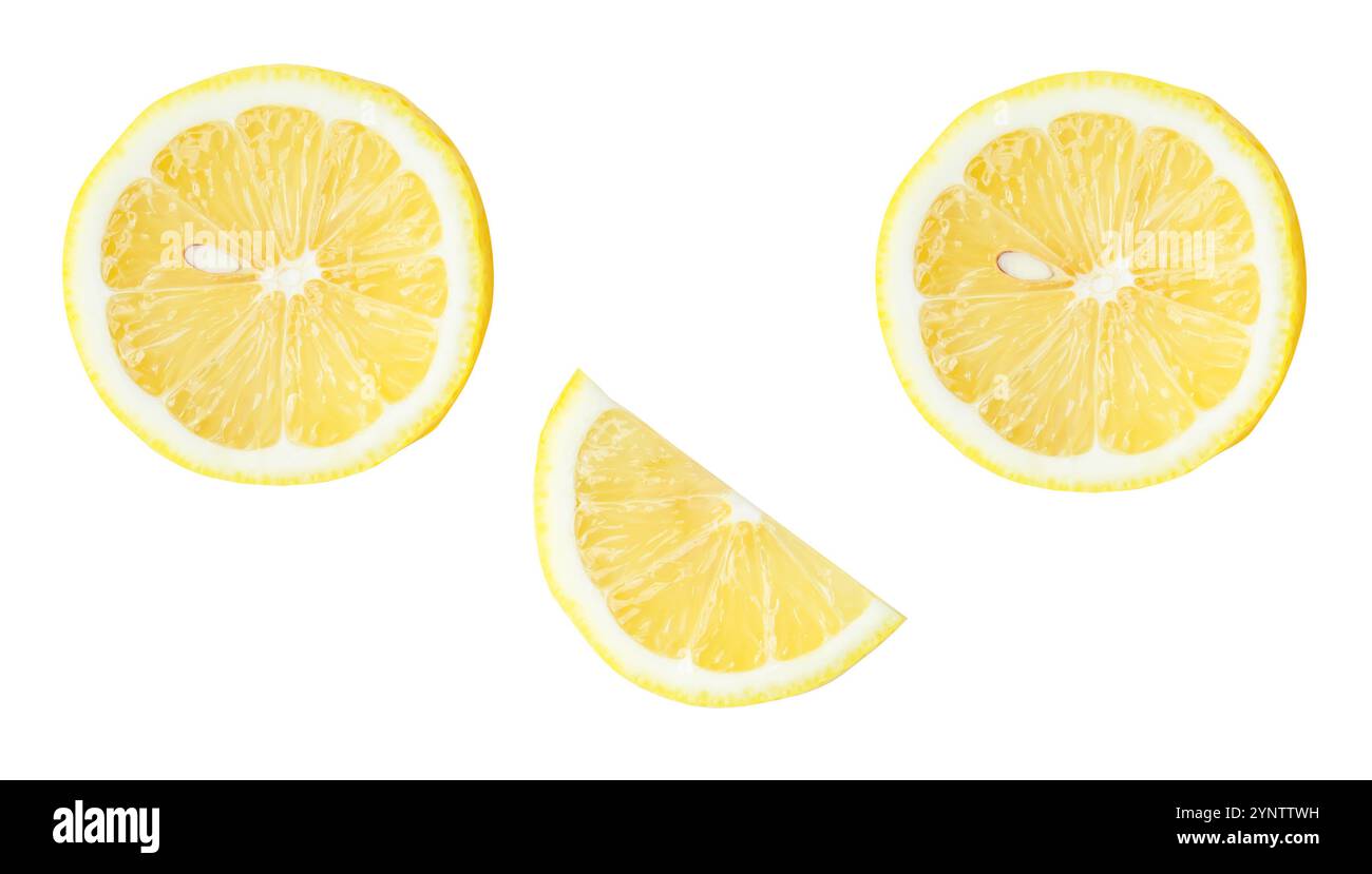 Top view set of fresh yellow lemon fruit in halves and slices or ...