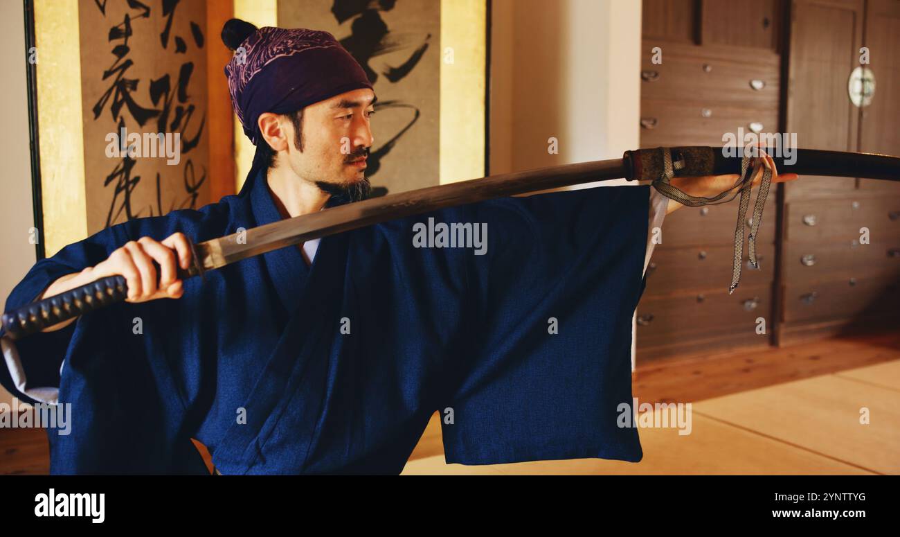 Dojo, sheath and sword with Samurai man in Japan for combat, martial ...