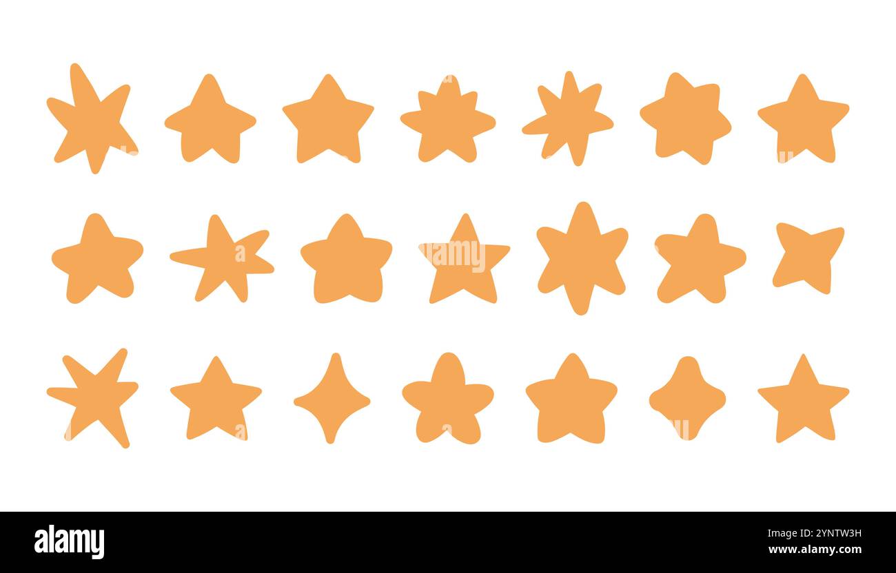 Simple hand drawn star set on a white background. Hand drawn doodle elements. Yellow doodle ...