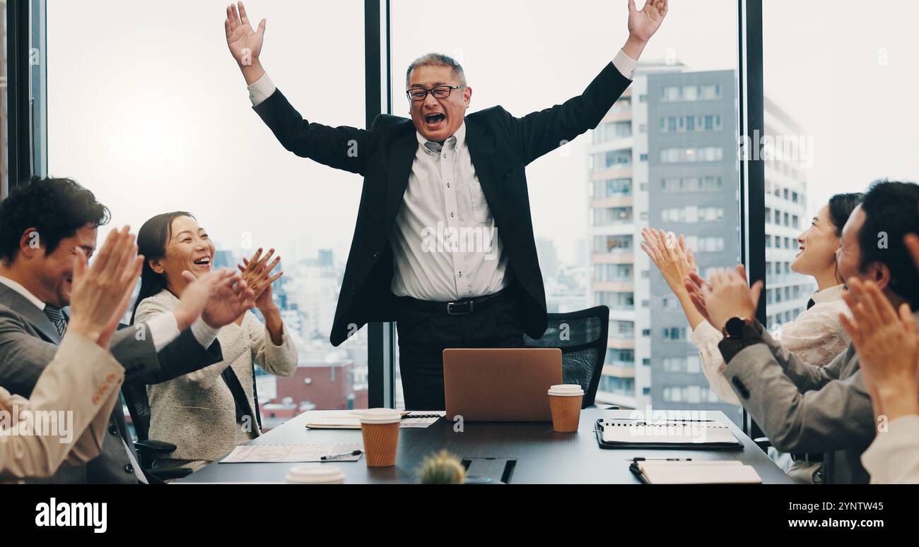 Success, boss and people in meeting, boardroom and clapping for achievement, teamwork and ...