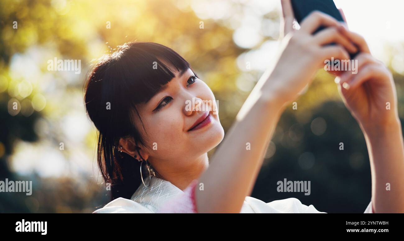 Nature, selfie and woman with trees, smile and connection for social media on outdoor adventure ...