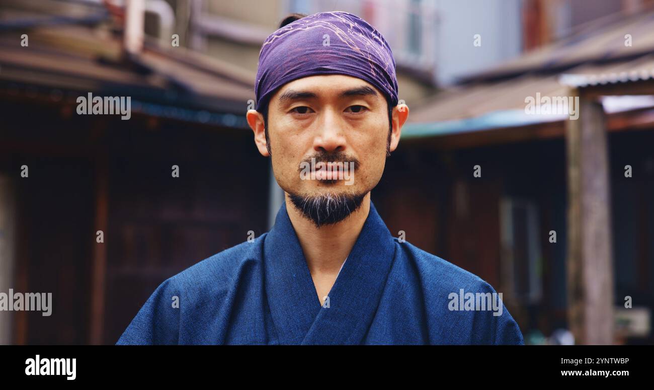 Japanese master, martial arts and portrait of man with confidence ...