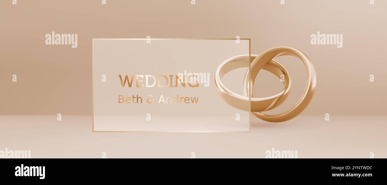 Wedding banner template with golden engagement rings on beige ...