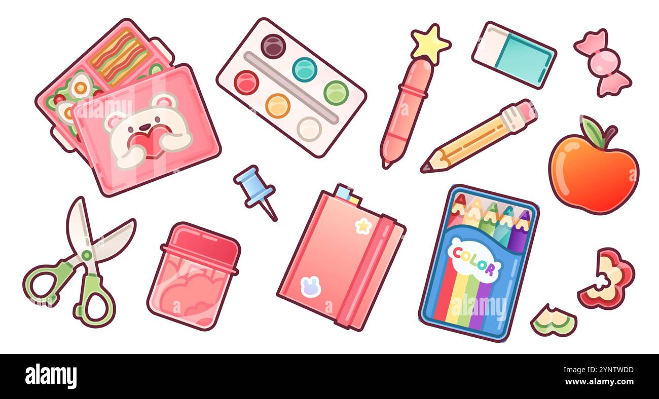 Cute back to school stationery sticker icon set. Study supply element ...