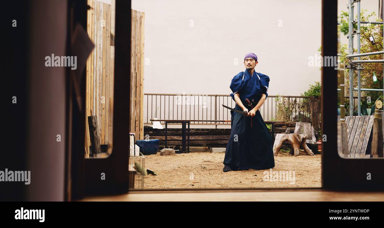 Dojo, fighting and sword with Samurai man in Japan for culture, martial ...