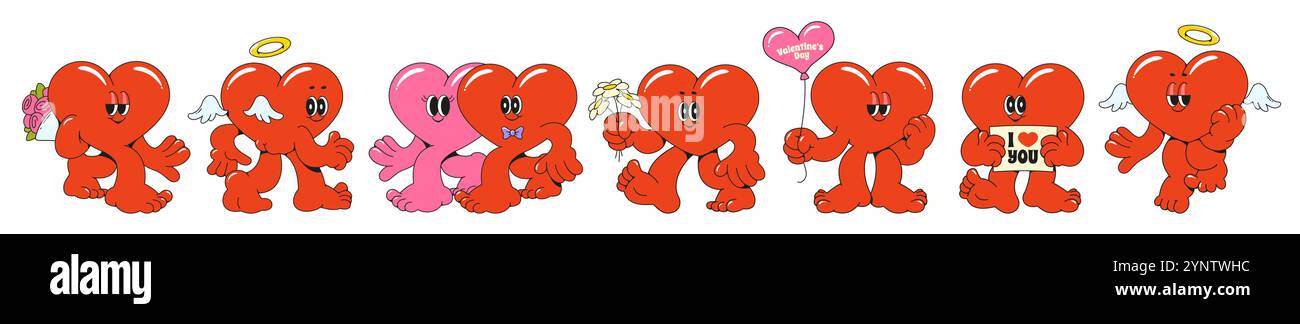 Retro heart character sticker. Groovy love angel icon for Valentine day ...