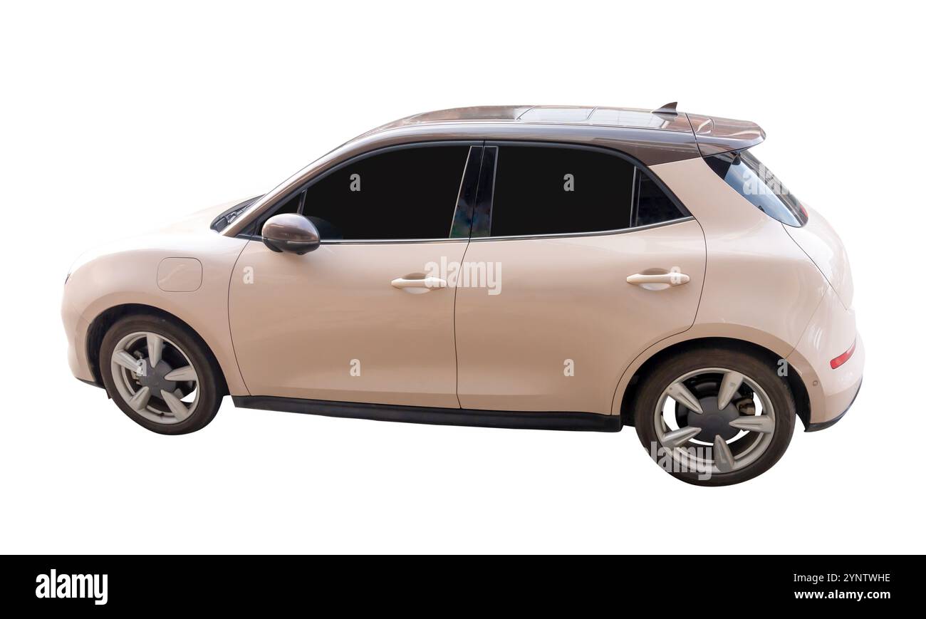 Side view of pink mini or small electric hatchback car is isolated on ...