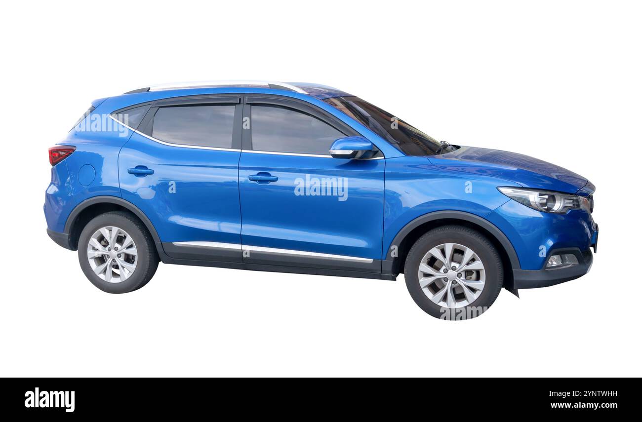 Side view of blue hatchback car is isolated on white background with ...