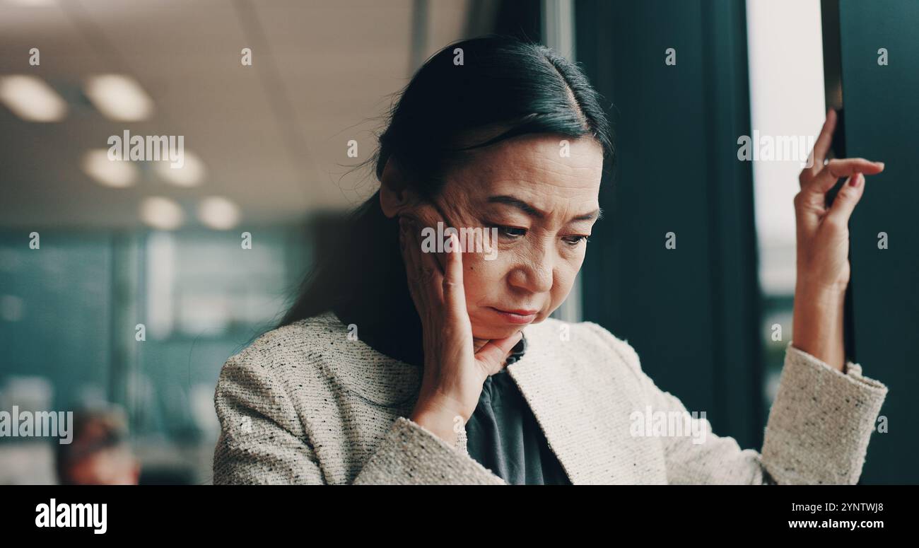 Office, Japanese woman and stress with anxiety for administration ...