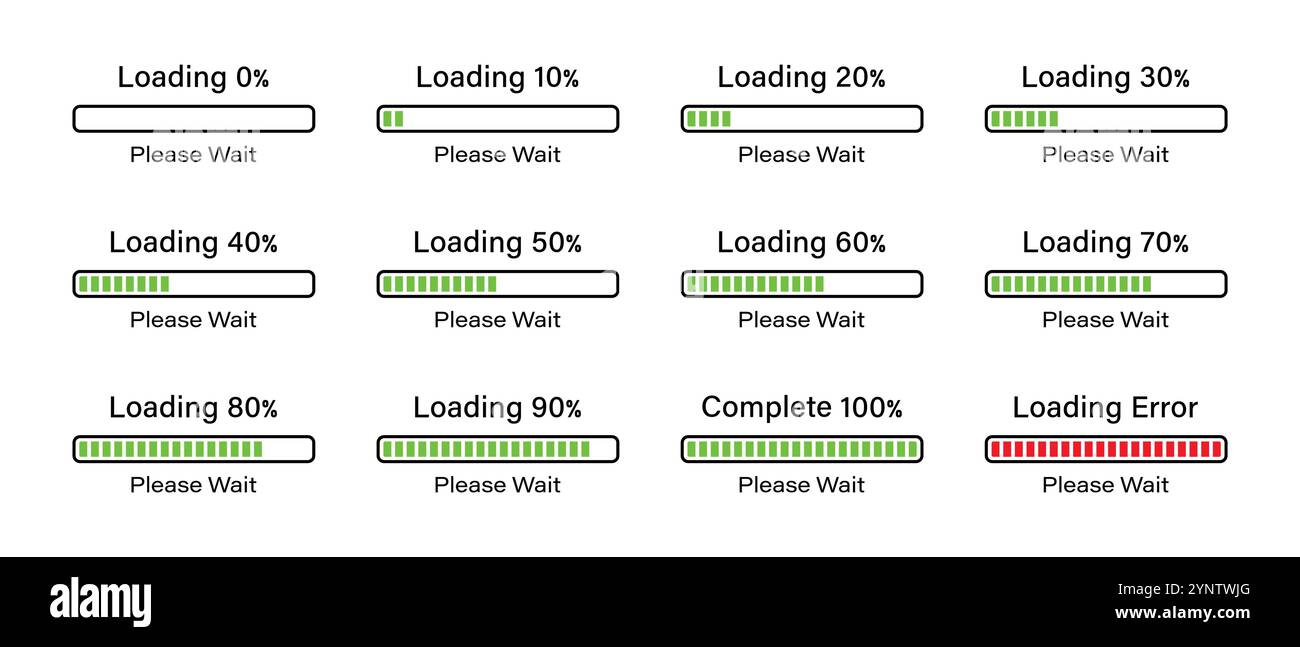 Percentage loading rectangular bar infographics set progressing from 0 ...