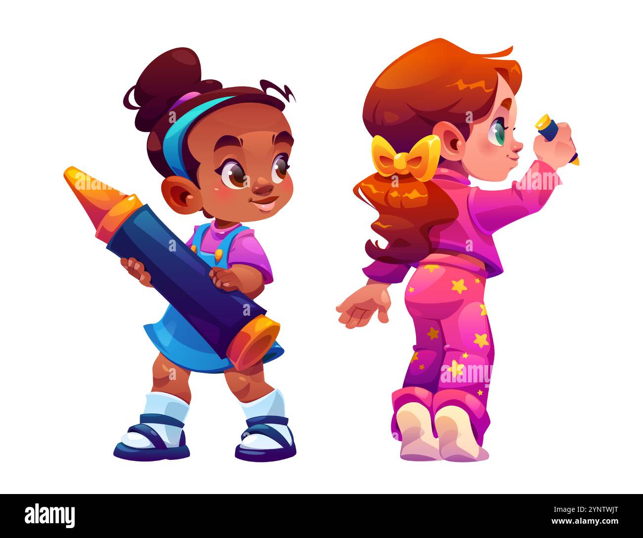 Children paint with crayon. Kid doodle art with pencil on wall. Happy ...