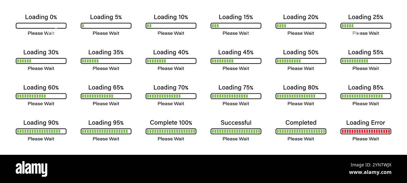 Percentage loading rectangular bar infographics set progressing from 0 ...