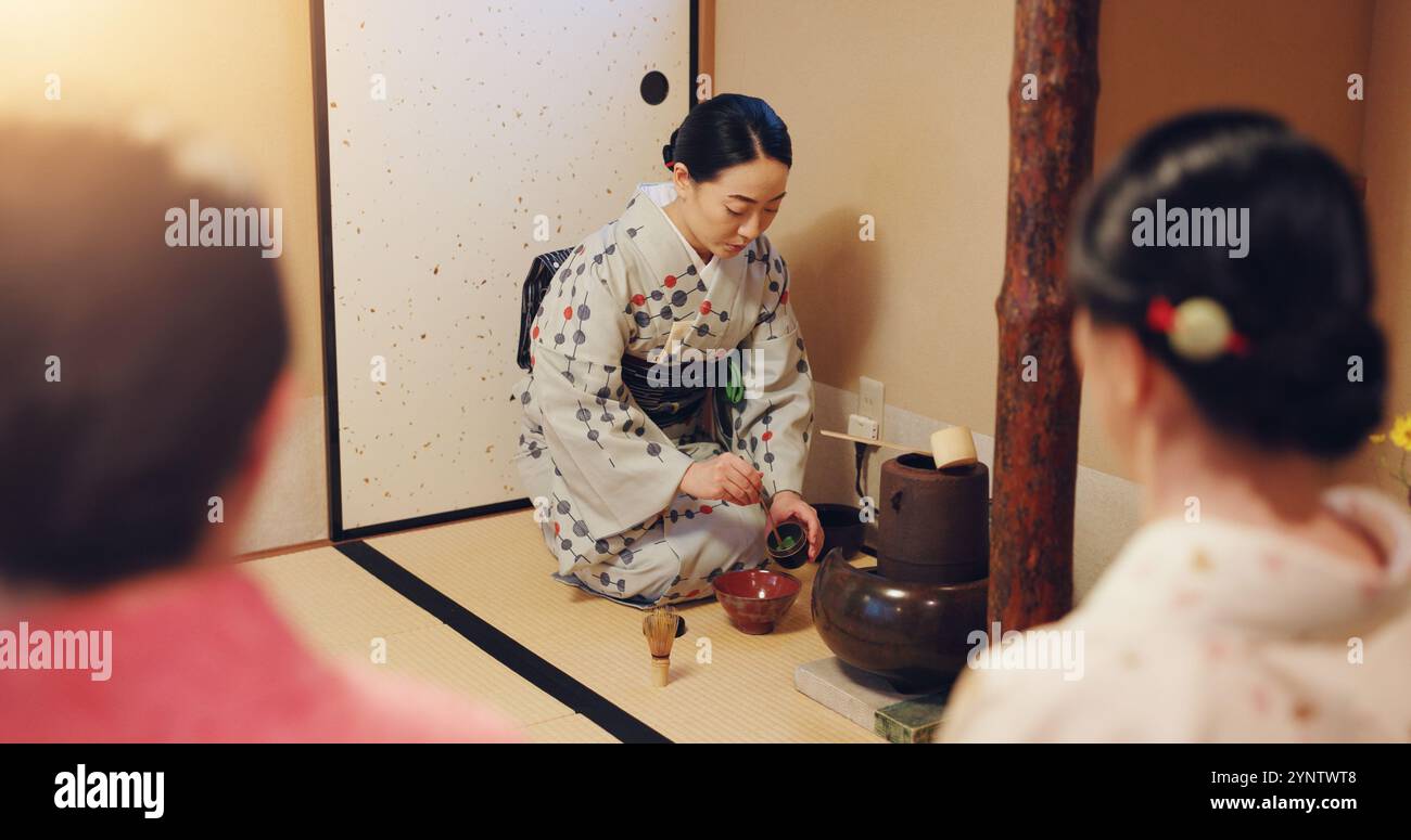 Japanese woman, tea ceremony and matcha preparation for respect ...