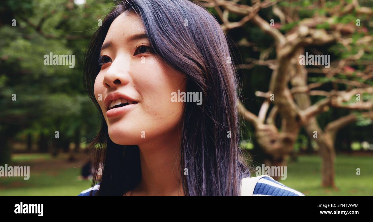 Asian woman, tourist and dream with nature for travel, sightseeing adventure or outdoor journey ...