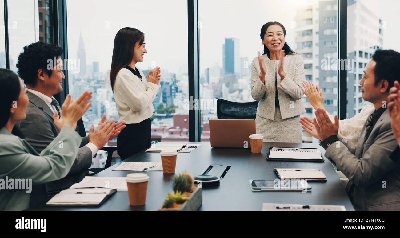 Celebration, boss and people in meeting, success and clapping for ...