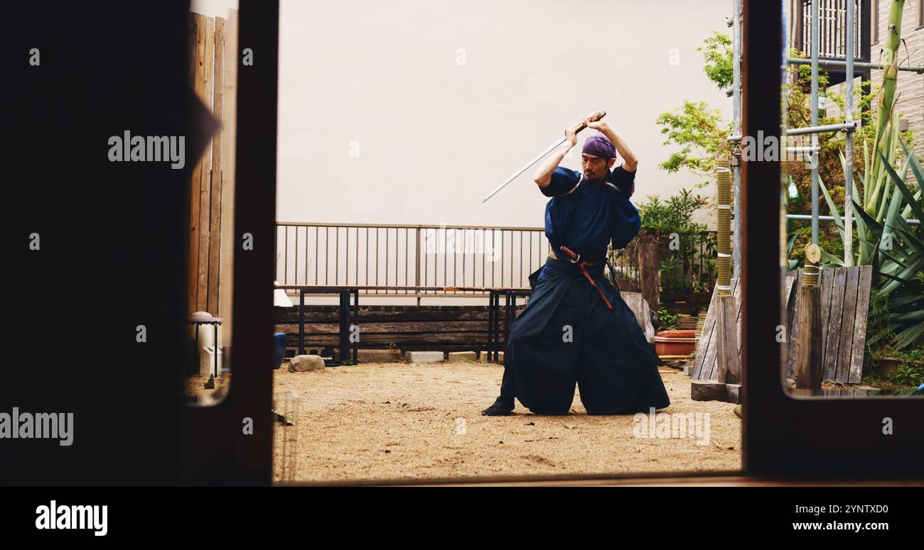 Dojo, sword and training with Samurai man in Japan for fighting ...