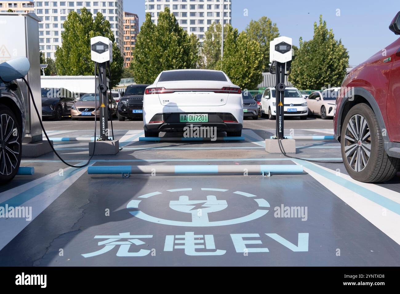 A electric vehicle charging station is seen in Beijing, Friday, Oct. 11 ...