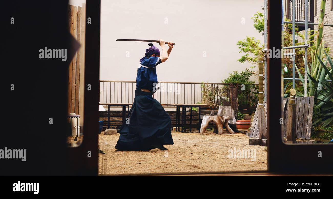 Dojo, Kenjutsu and sword with man in Japan for combat, martial arts or ...