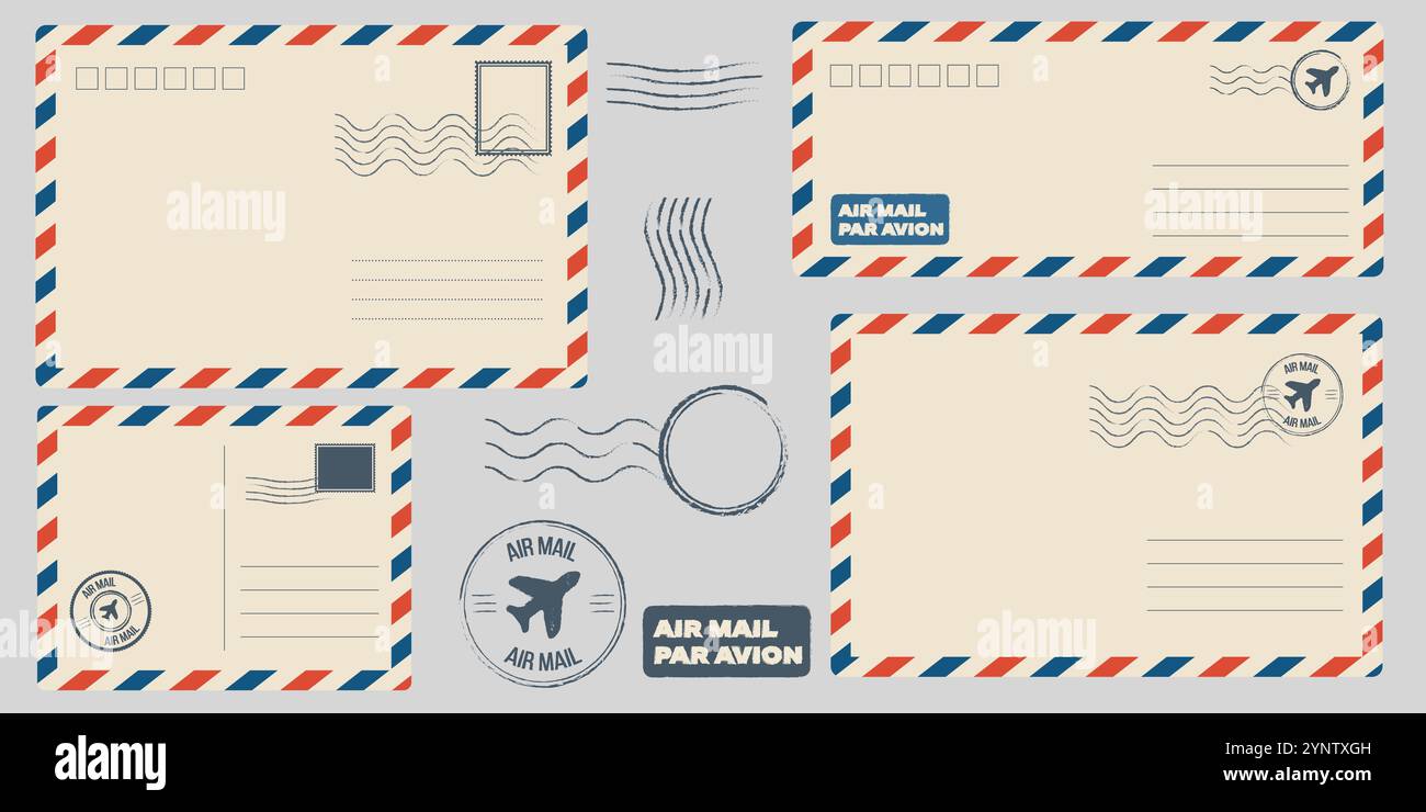 Backside blank travel postcard with dirty stain. Vector Air mail par ...